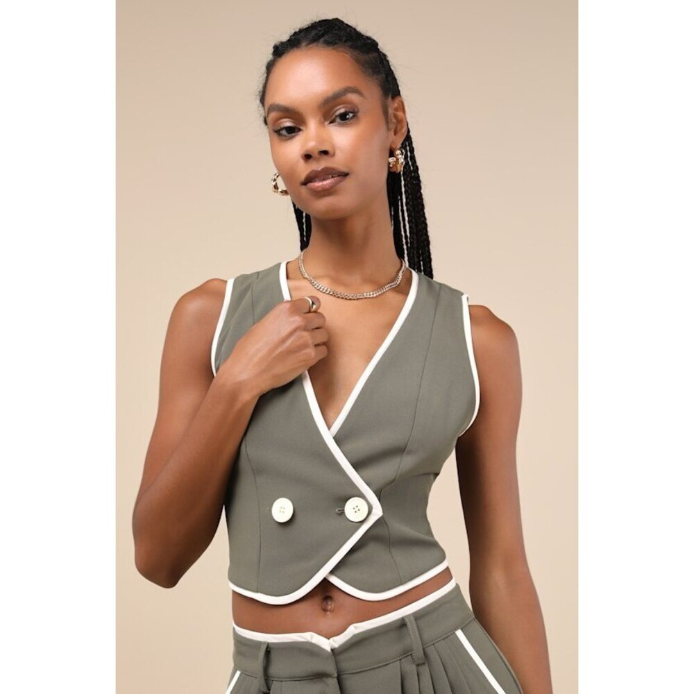 Lulus Composed Aesthetic Olive Green Color Block Twil… - Gem